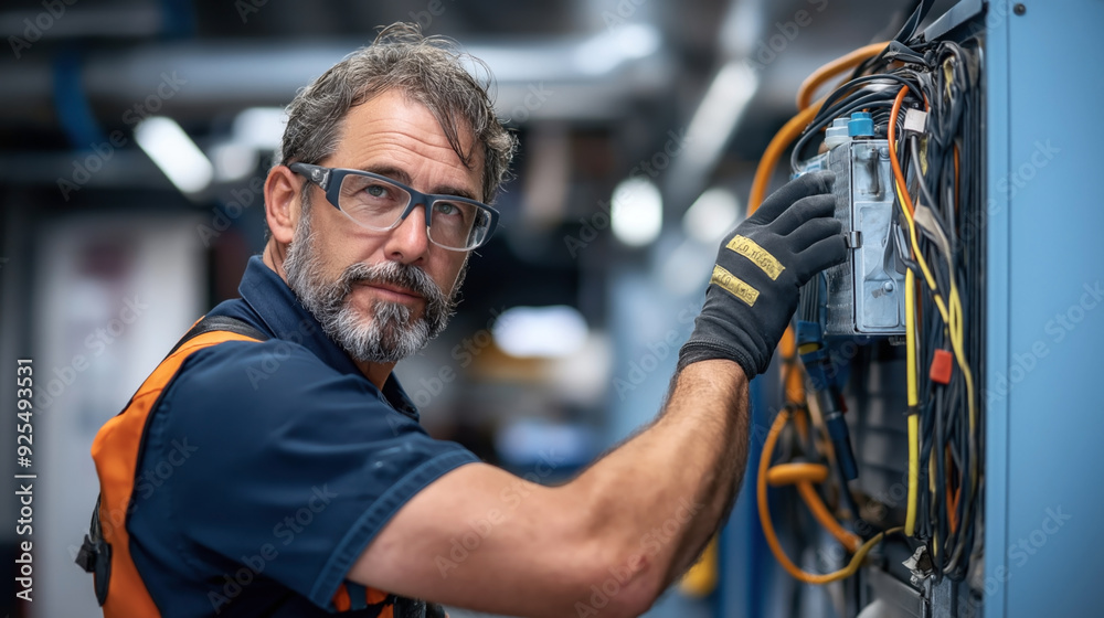 Middle-aged male technician adjusting wiring in an industrial setting ...