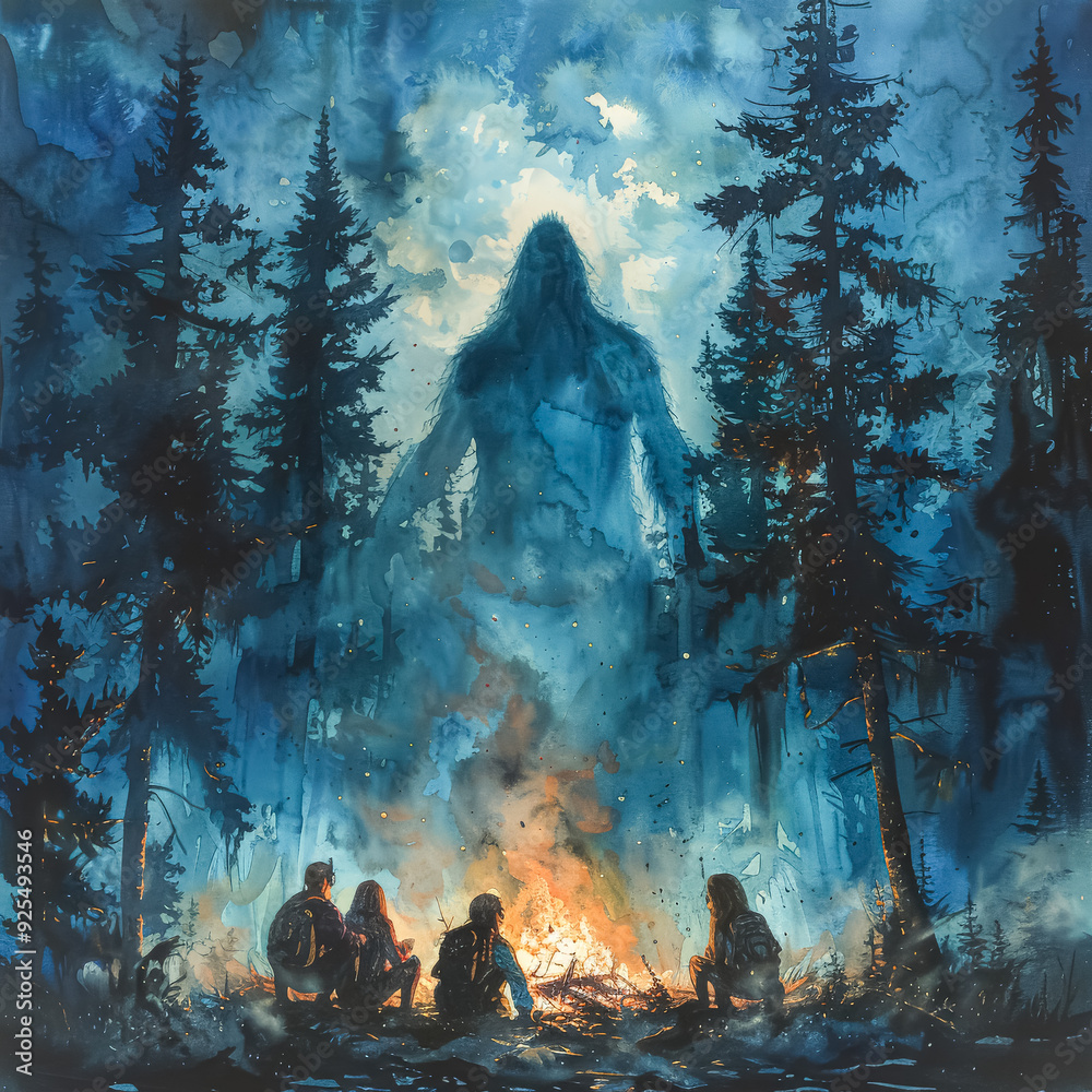 A painting of a group of people sitting around a campfire in a forest ...