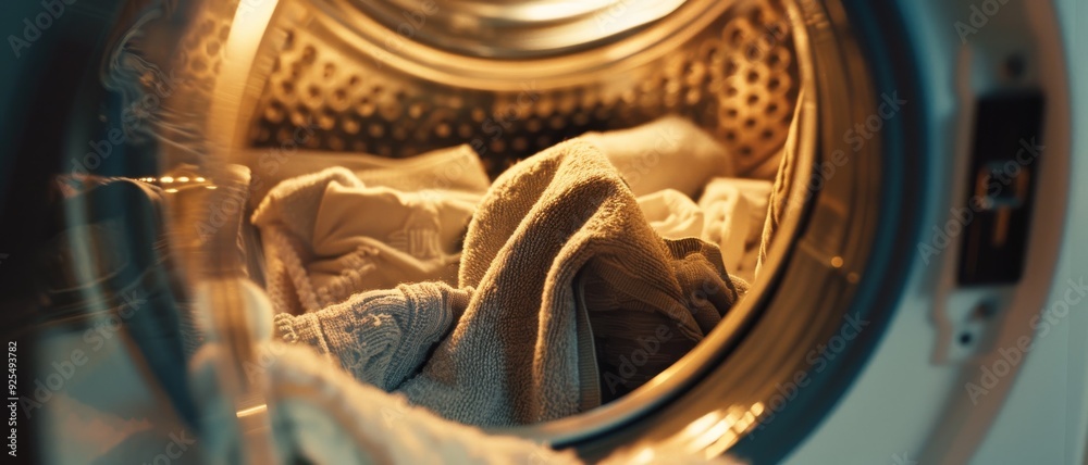 Clothes illuminated inside a washing machine during the wash cycle ...
