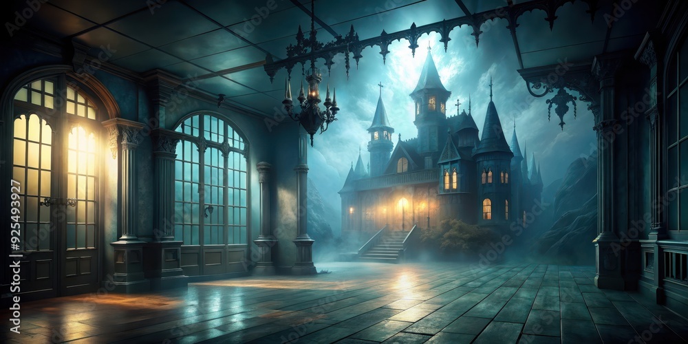 Shadows cast over a haunted castle interior on a spooky night, haunted ...