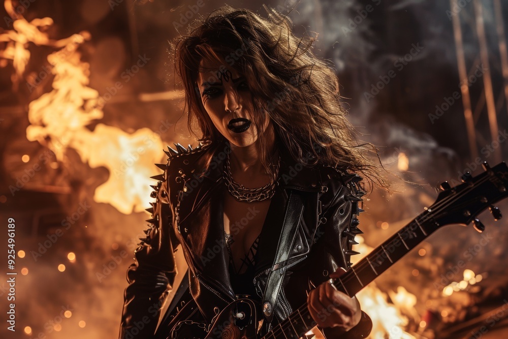 Heavy metal, biker girl with chains and spikes, ferocious expression ...