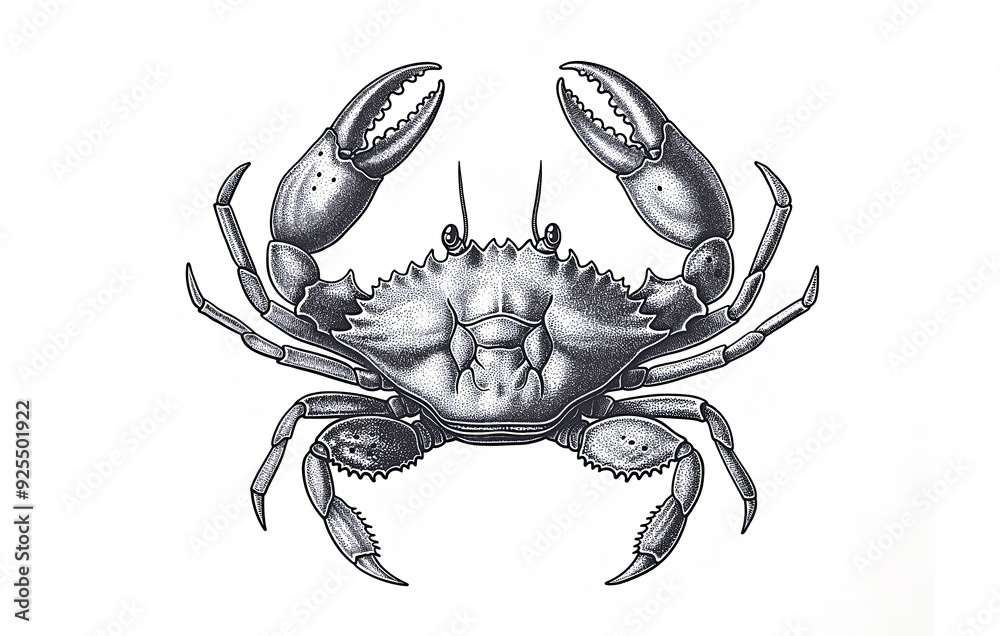 Seafood, crab. Vintage retro print, black white seafood crab sketch ink ...