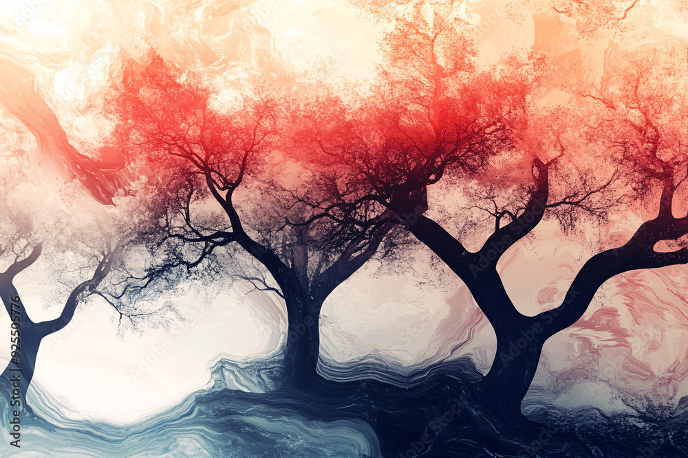 Stylized trees with dark branches and vibrant red hues blending into ...