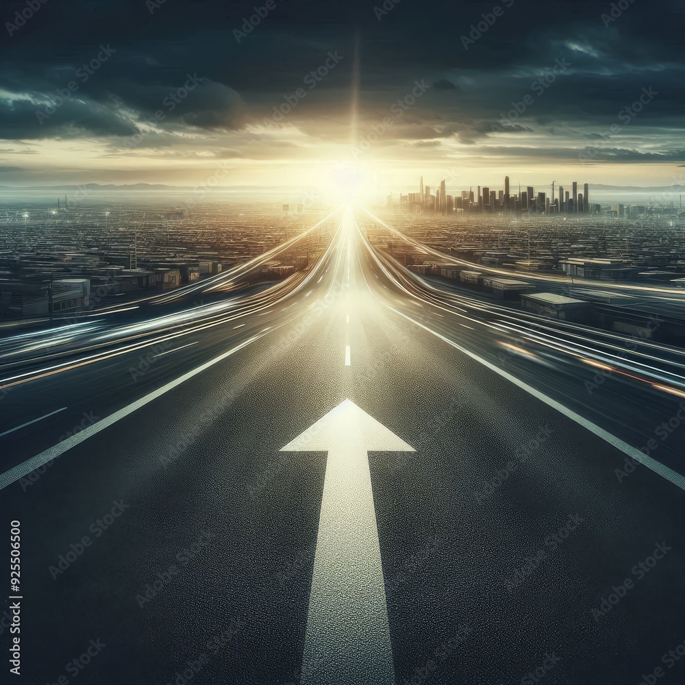 Long asphalt road with an arrow going into the horizon, transparent ...