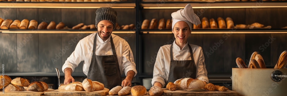 Two bakers stand behind their bakery counter filled with various kinds ...
