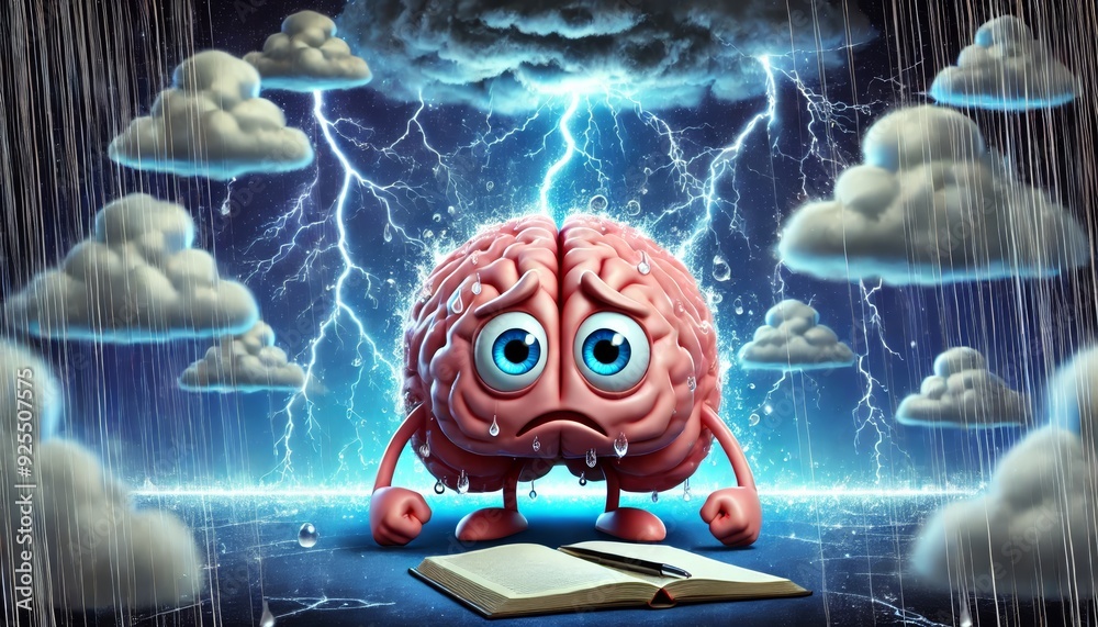 A cartoon brain character with animated features, displaying anxiety ...