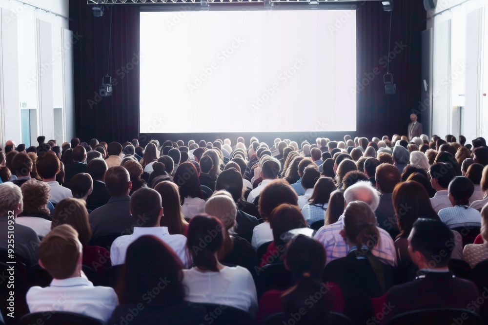 Large audience in an auditorium listening to a speaker on stage with a ...