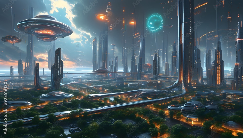 The magnificent landscape of the future city, with skyscrapers and ...