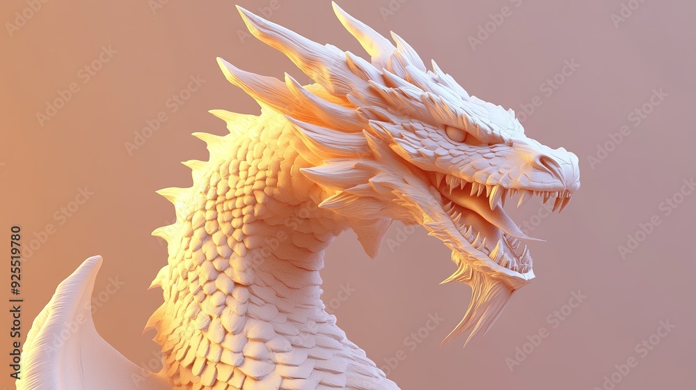 A detailed white dragon sculpture with intricate scales captured from a ...