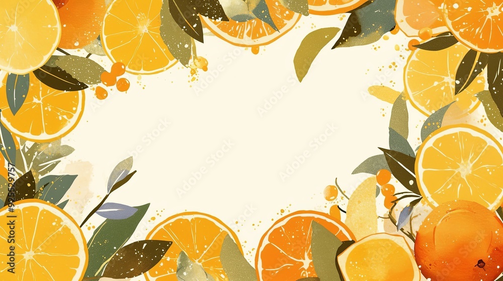 Orange Fruit Frame with Leaves and Watercolor Background, Featuring ...