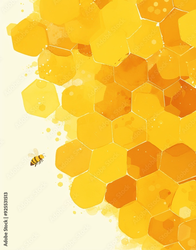 Honeycomb Background with Bee on the Left Side in Clip Art Style Stock ...