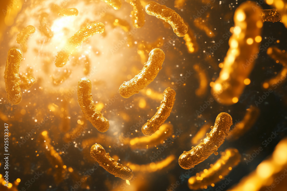 Glowing Golden Bacteria in a Luminous Microscopic Environment Stock ...