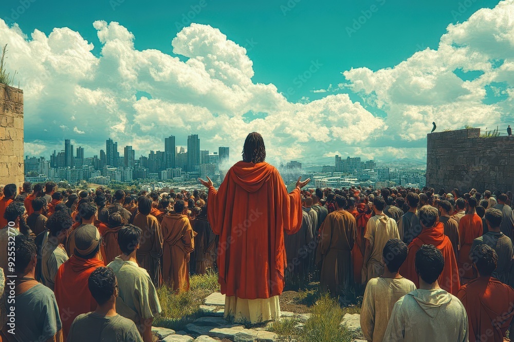 biblical scene reimagined jesus surrounded by diverse crowd in modern ...