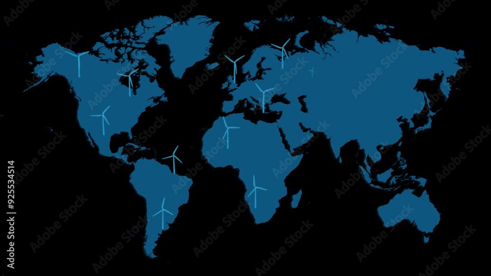 World, map and wind turbine for sustainability, eco friendly or earth ...