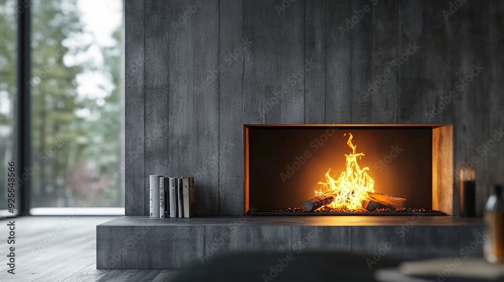 Modern trendy fireplace with burning flames, contemporary interior ...