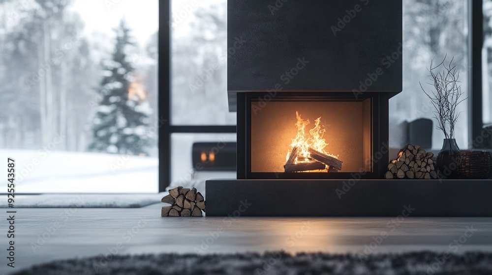 Modern trendy fireplace with burning flames, contemporary interior ...