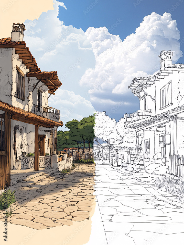 Architectural blueprint transitioning to a modern Mexican village ...