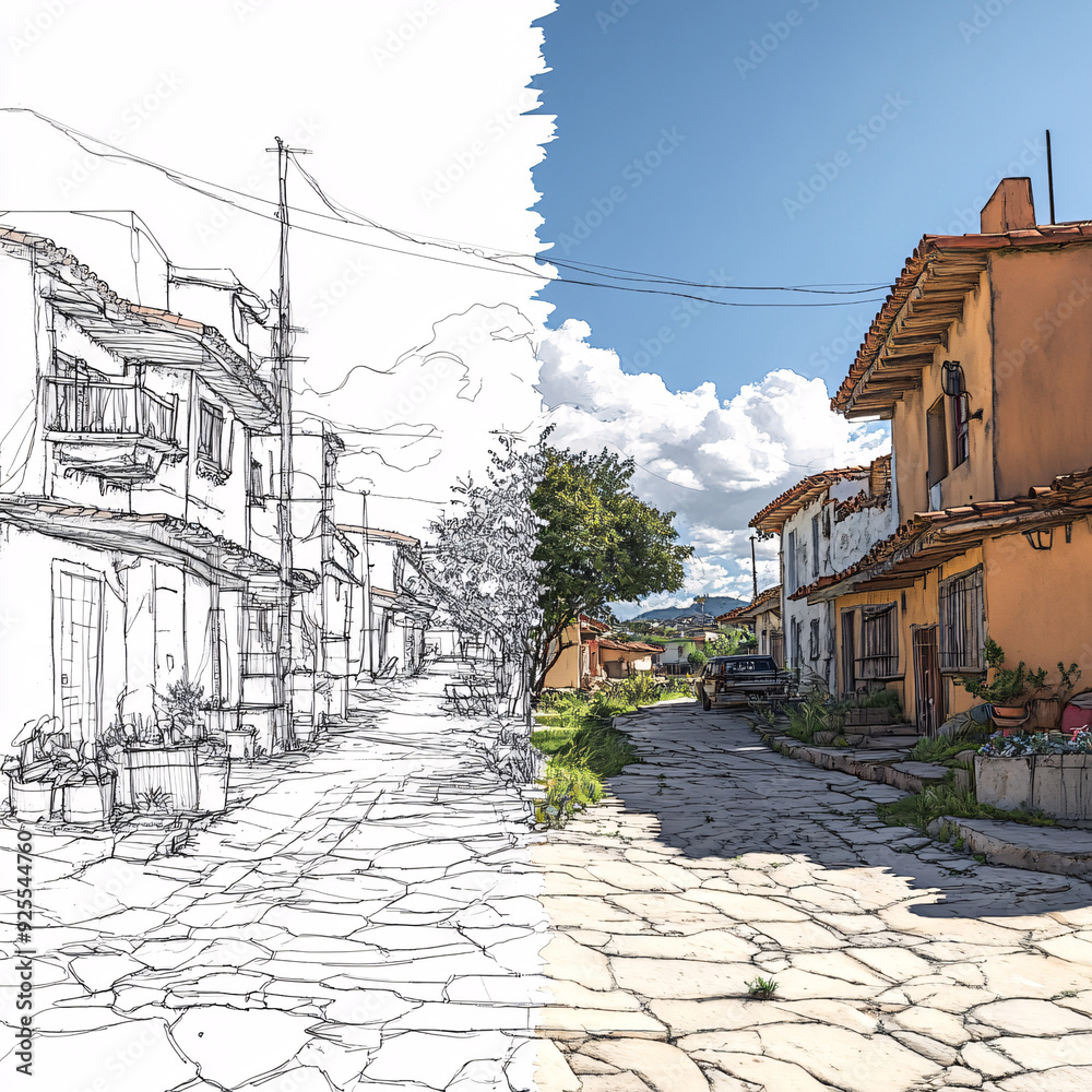 Architectural blueprint transitioning to a modern Mexican village ...