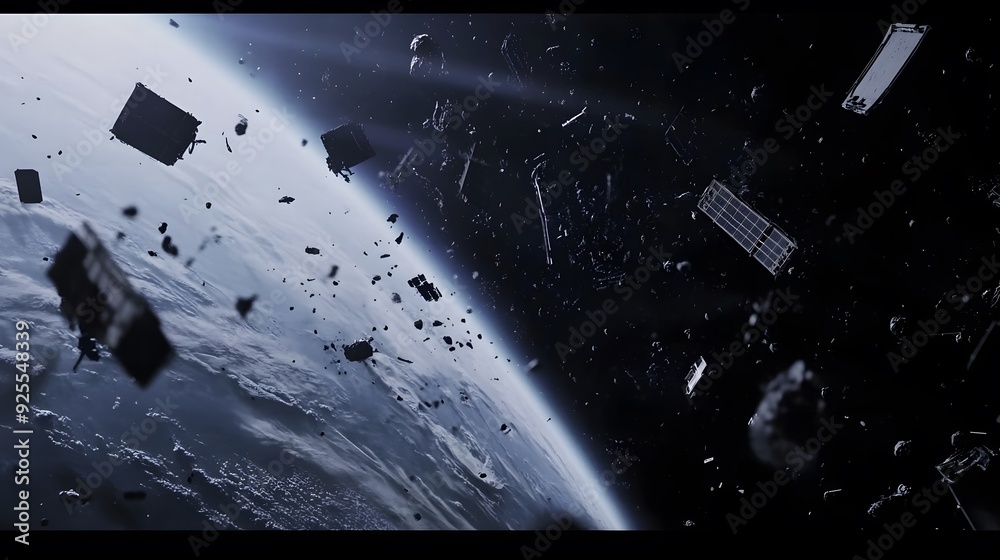 View of Space Debris Orbiting Earth, Featuring Satellite Wreckage and ...