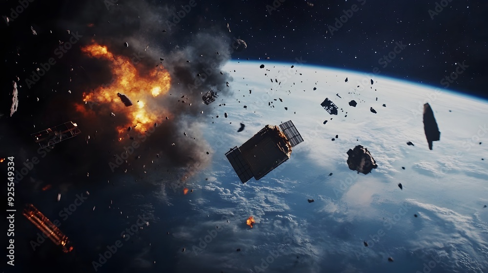 View of Space Debris Orbiting Earth, Featuring Satellite Wreckage and ...