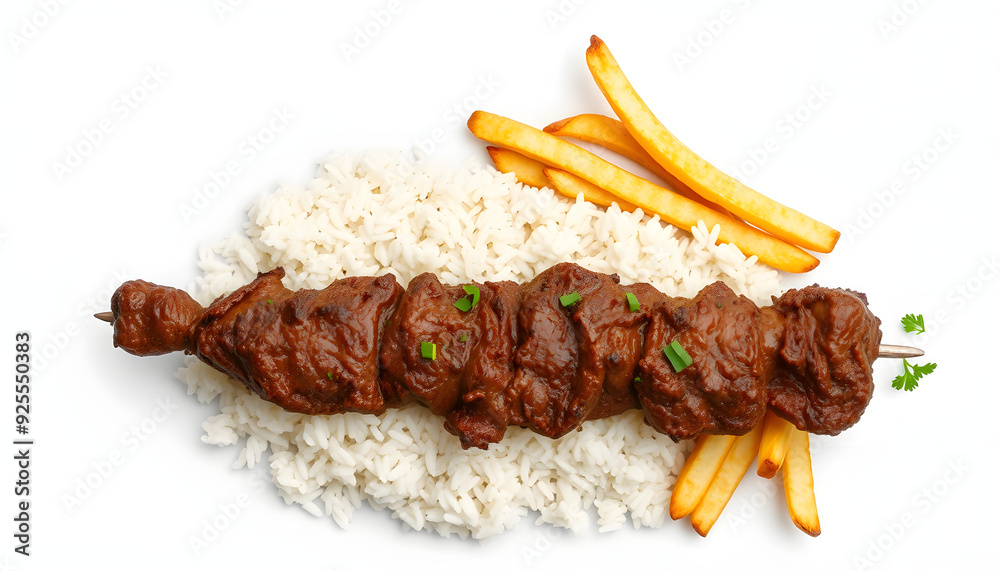 Meat doner with rice and French fries. Traditional Turkish cuisine ...
