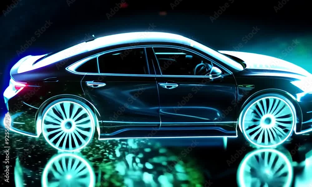 A car is shown in a blue and green color. The car is a model of a car ...