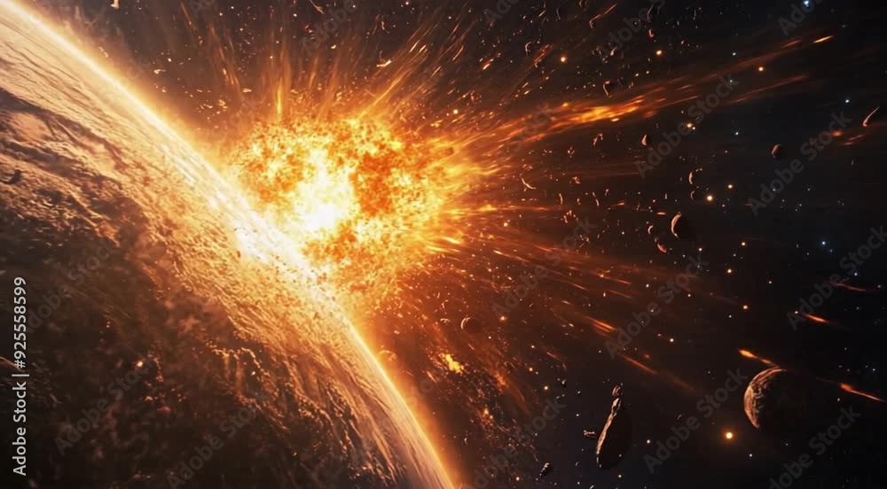 a powerful explosion on a planet's surface, ejecting fiery fragments ...