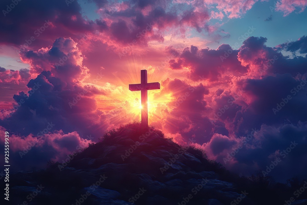 majestic mountain peak with radiant cross silhouette dramatic sunset ...