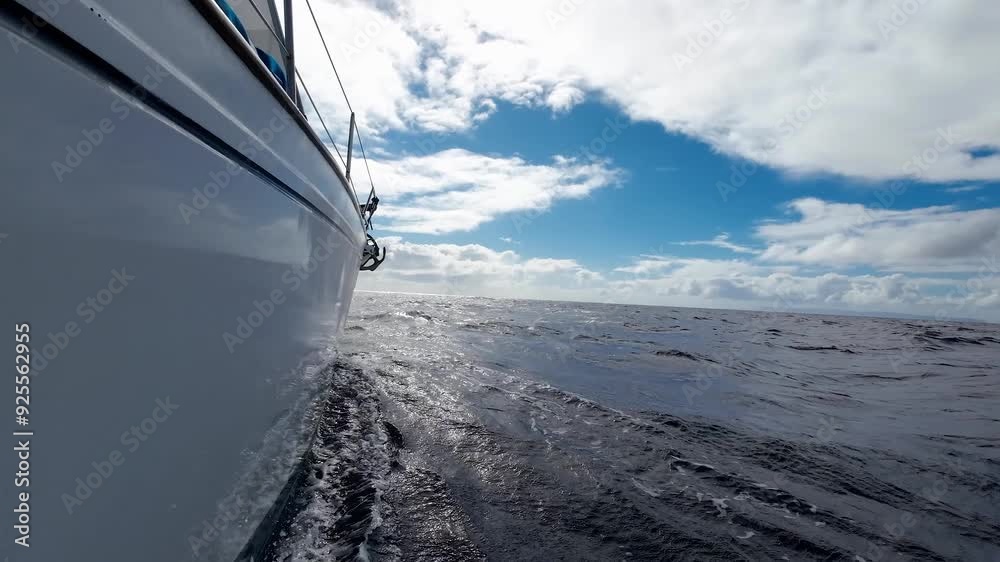 Floating sailing yacht with spread sails splitting the sea waves and an ...