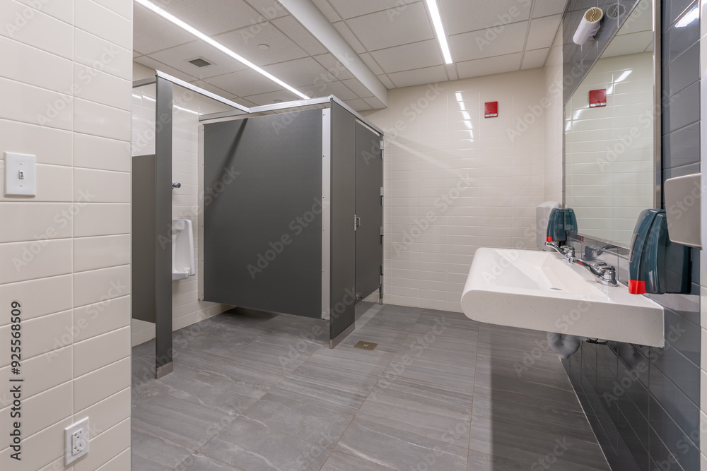 Public restroom with gray and white tile stalls, sink and lavatories ...