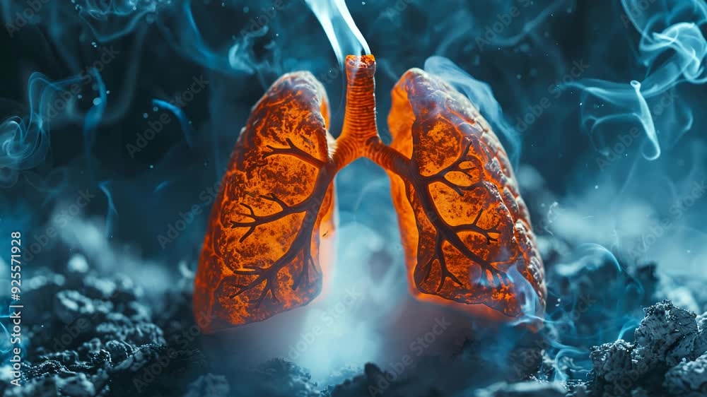 Lungs surrounded by cigarette ash, emitting smoke simulating a ...