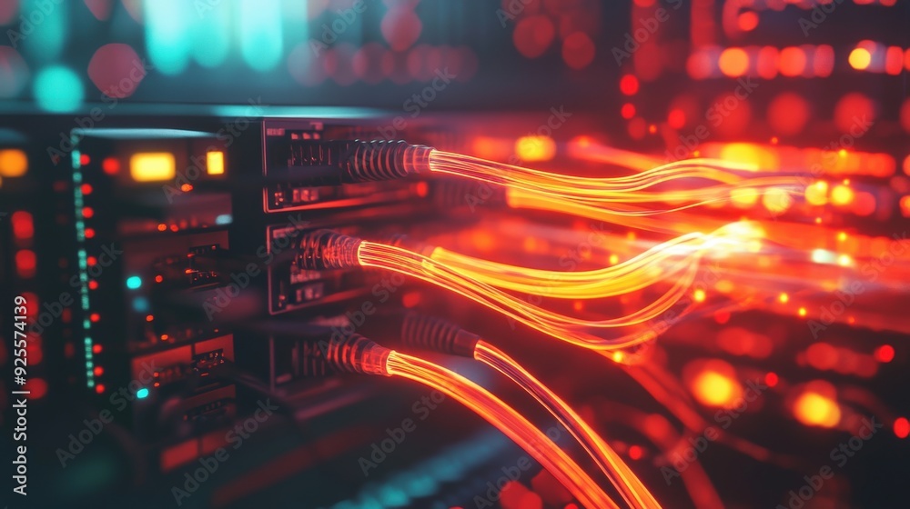 A close-up of a fiber optic cable connected to a network switch, with ...