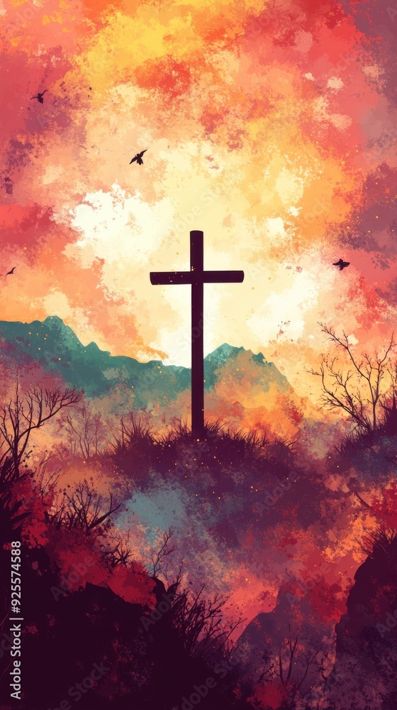 Christian cross in field. A beautiful concert landscape poster design ...