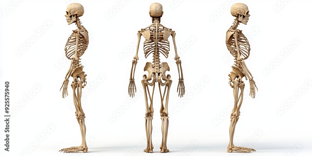 Highly detailed 3D rendering of a human skeleton in front, back, and ...