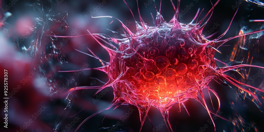 Surreal rendering of a microbial cell with spiky projections and a ...