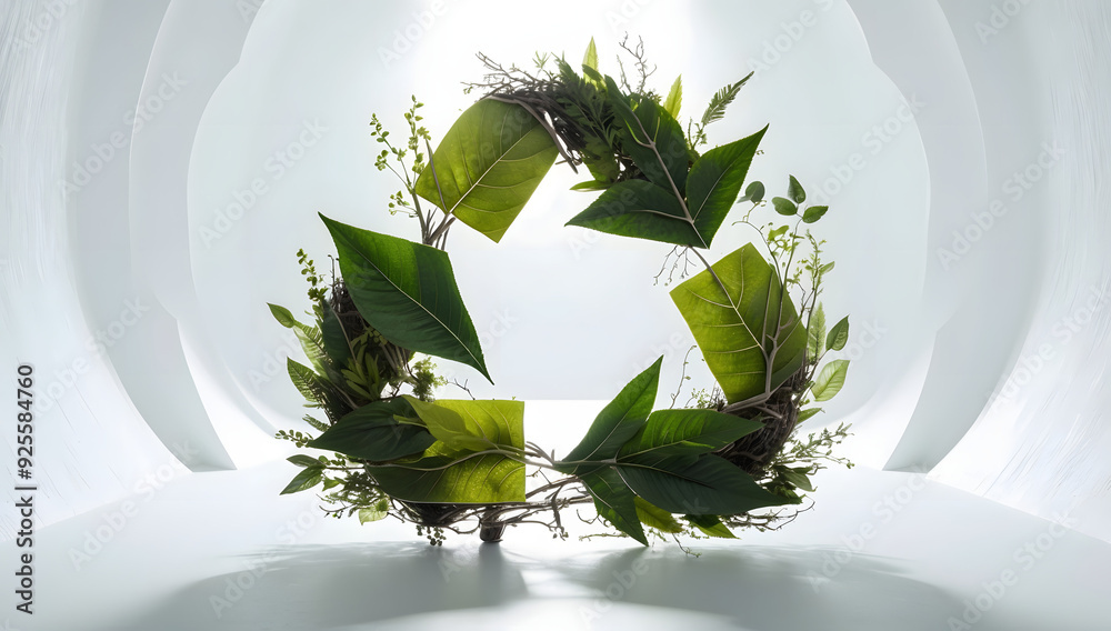 Green recycling symbol made out of leaves and elements of nature on ...