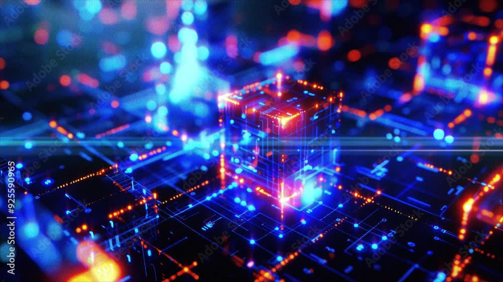 Cube technology. Motion lined art. Converging point of circuit with Abstract blue background ...