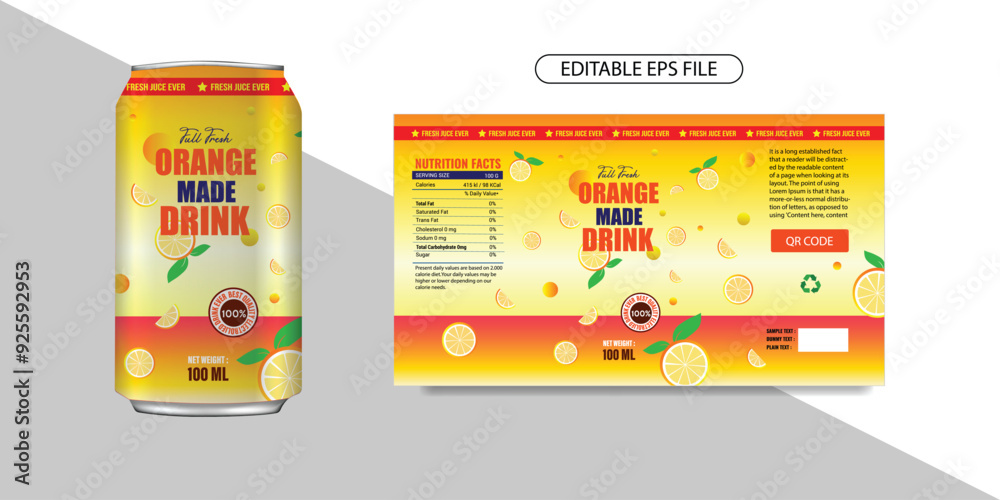Orange Juice label design, juice can vector. Energy drink label design ...