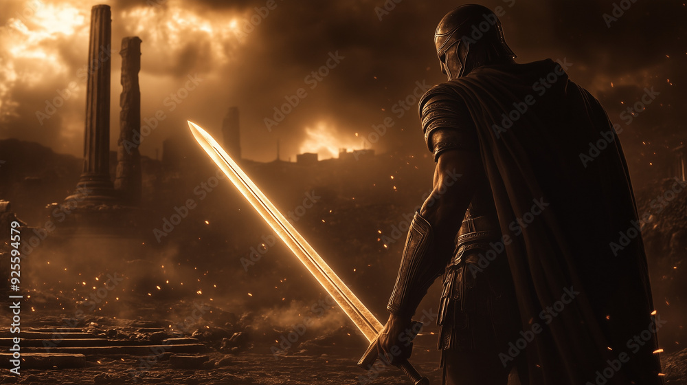 hero warrior with sword of light walking through dark enemy land Stock ...