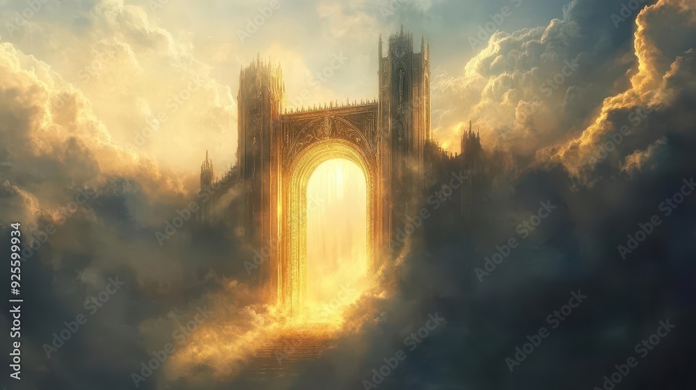 ethereal golden gates floating in misty clouds heavenly light beams ...