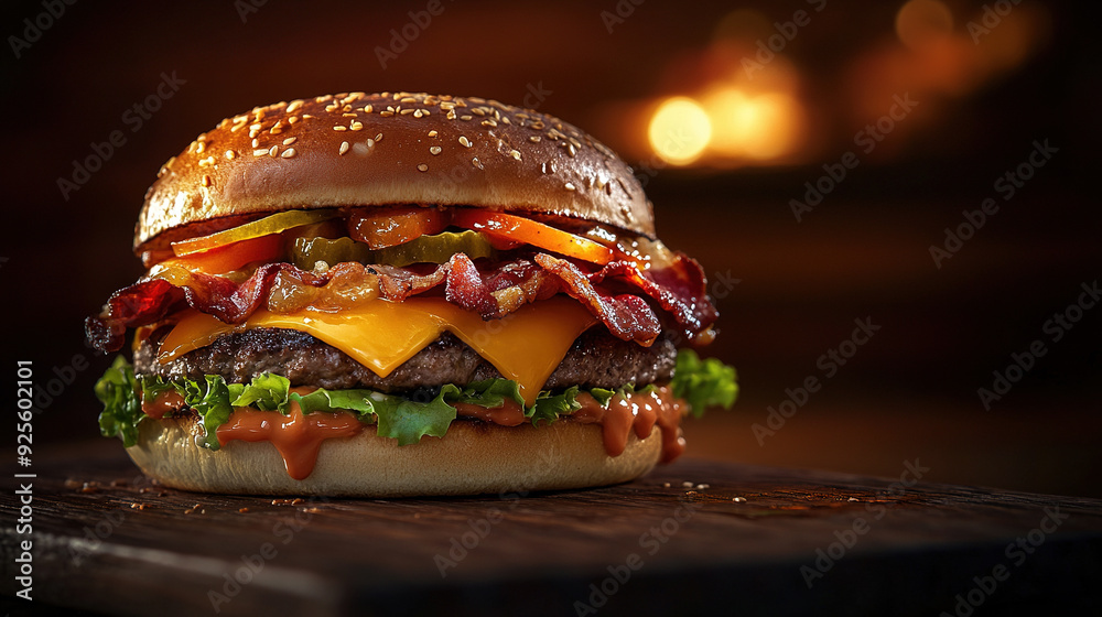 A highly detailed and visually appealing of double cheeseburger in dark ...