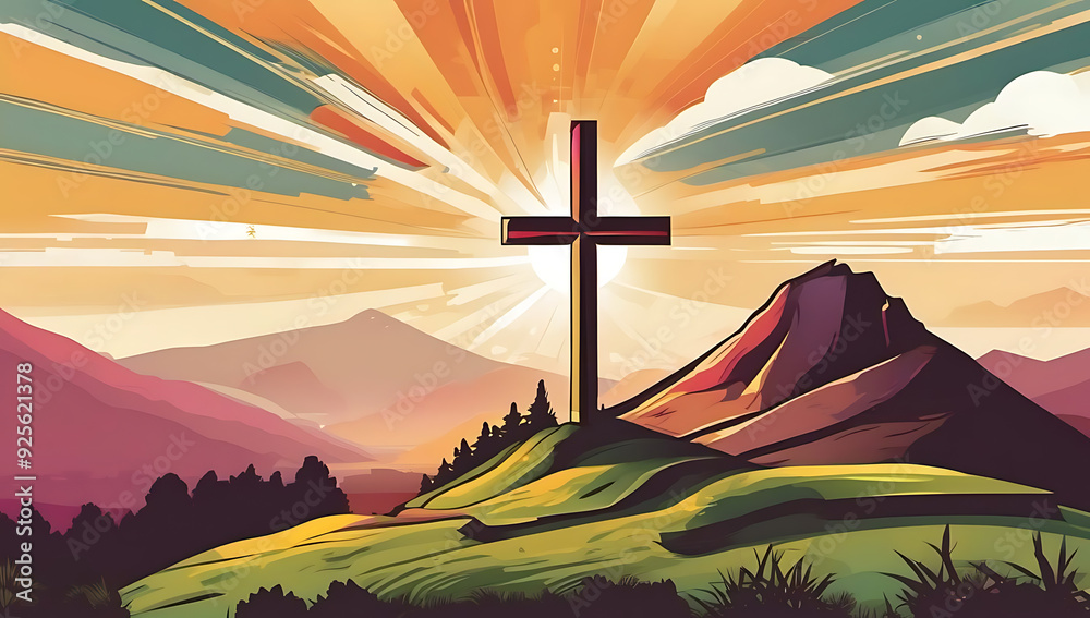 Cartoon colorful Cross on a hill sunrise Christian faith inspirational ...