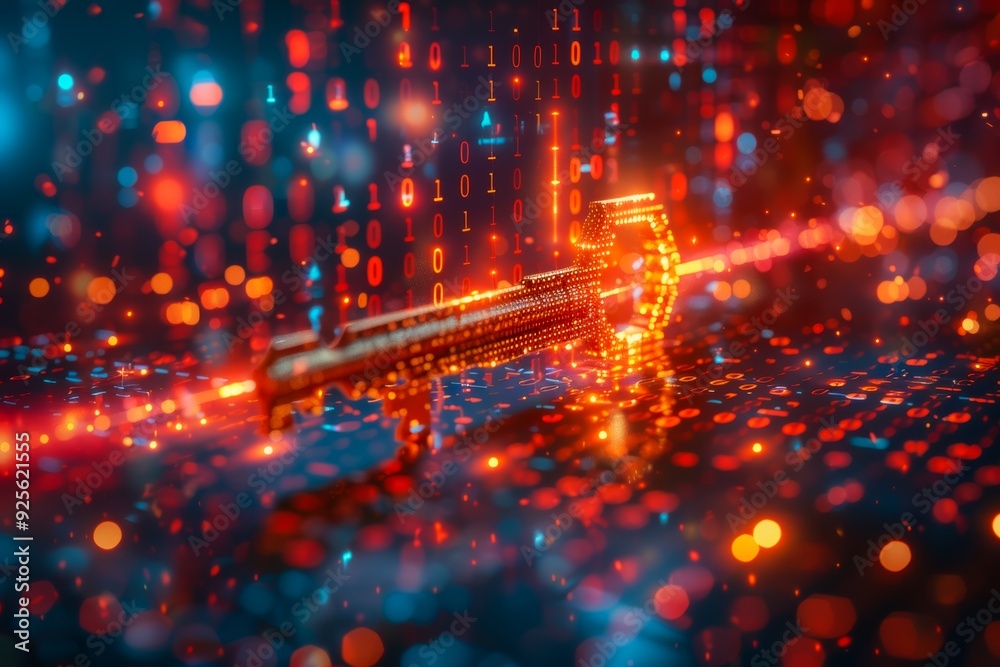 A digital key surrounded by glowing binary codes and vibrant particles ...