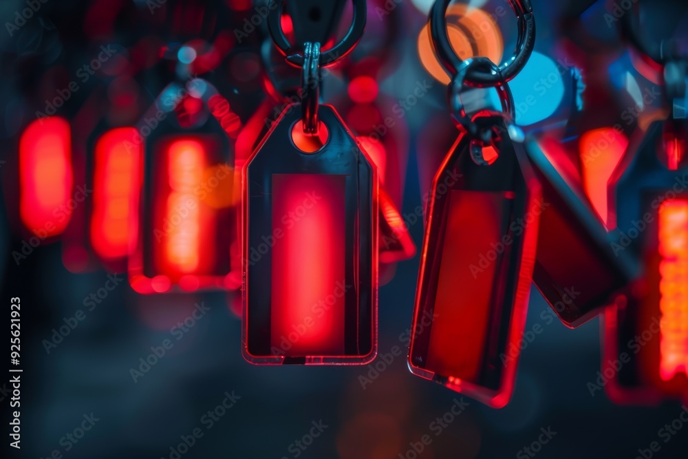 Glowing red key tags hanging, creating an abstract and vibrant visual ...