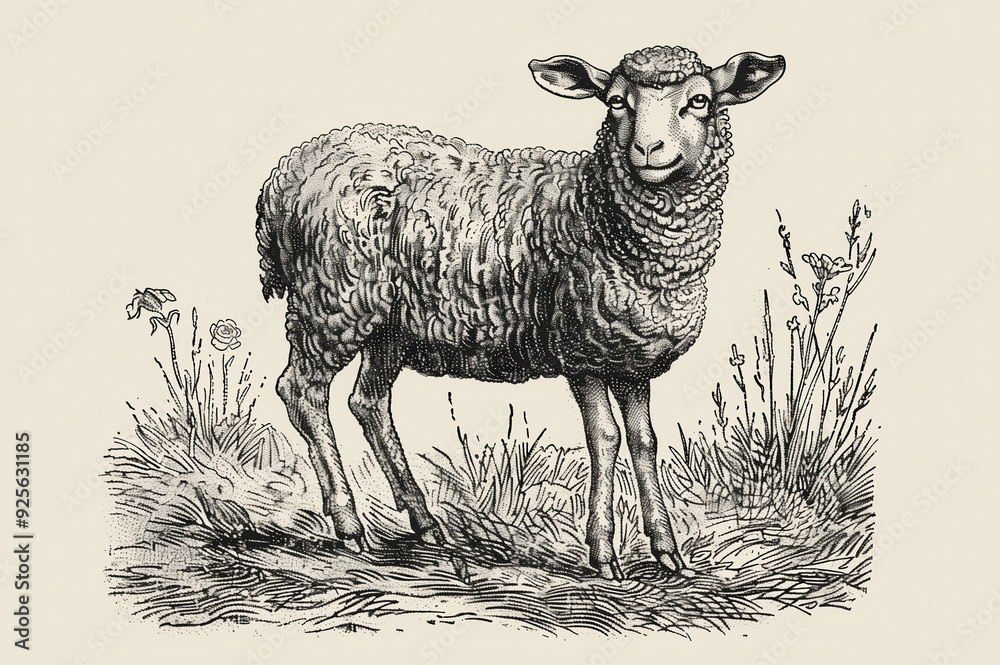 Sheep, lamb. Vintage retro print, black white sheep lamb sketch ink ...