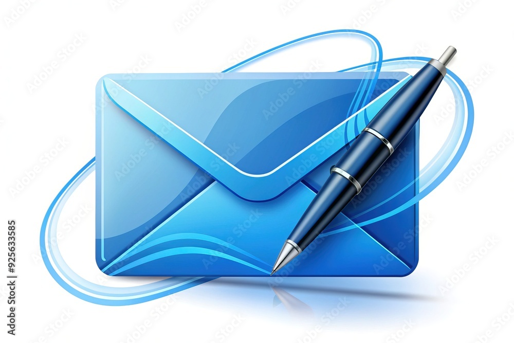 A modern digital illustration of a blue envelope icon with a pen and ...