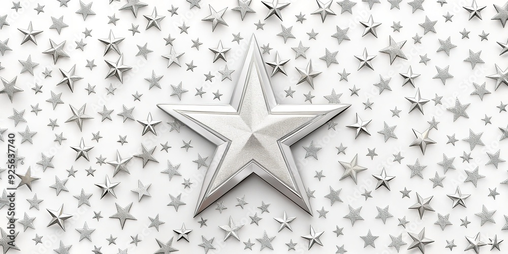 A small, shiny, silver star icon is centered on a clean, white ...
