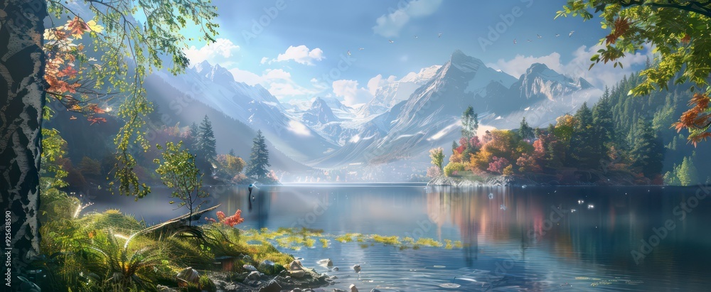 TV on a stand displays a mountain view, with light red and emerald hues ...