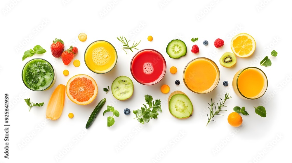 Smoothie with fresh pressed fruit and vegetable juices over a white ...