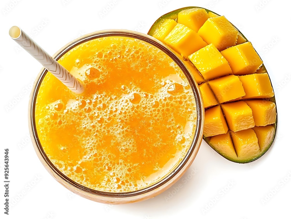 Mango Juice with Sliced Mango Fruit - Realistic Photo Stock ...
